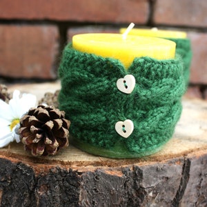 Knit Candle Cozy With Candle, Knitted Candle Holder, Green Candle ...