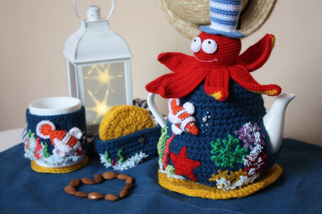 Nautical Tea Cover, Crochet Tea Cozy, Red Octopus, Seaside Tea Warmer ...