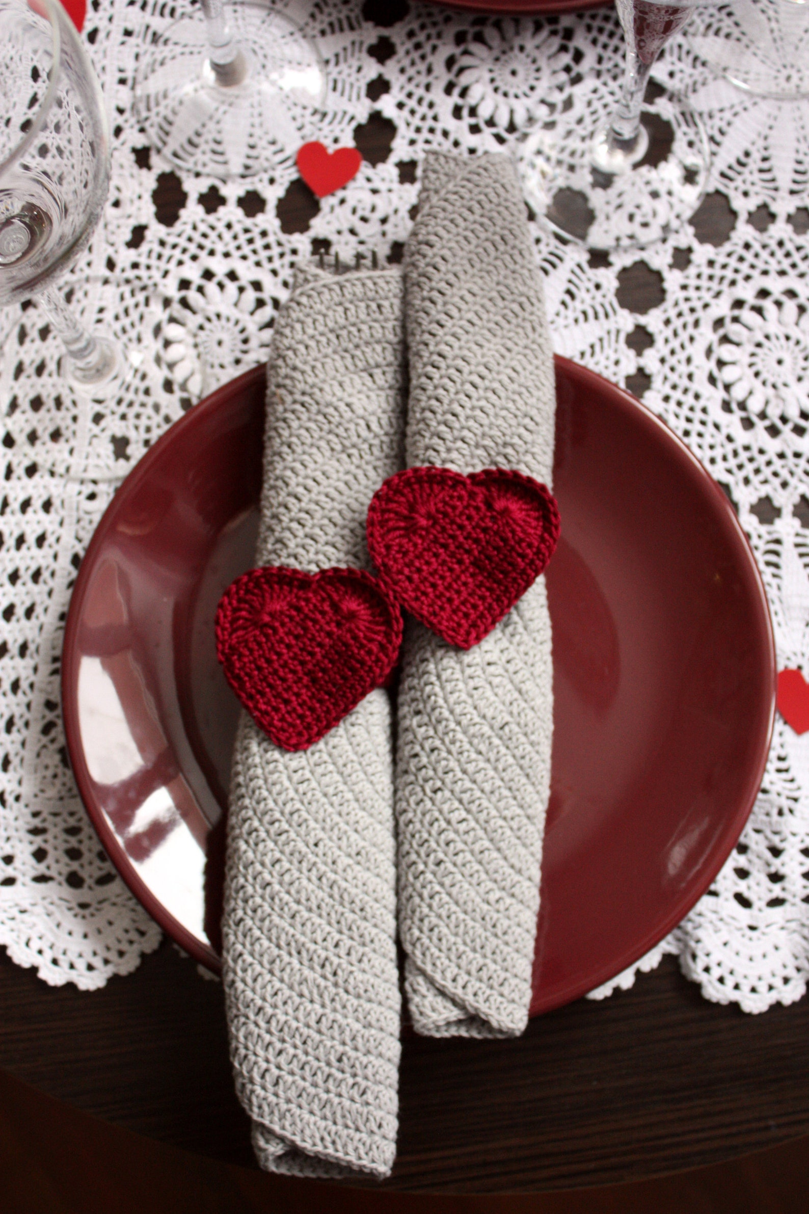 Crochet Heart Napkin Rings, Gray Crochet Napkin, Set of 2, Crocheted ...