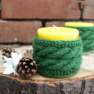 Knit Candle Cozy With Candle, Knitted Candle Holder, Green Candle ...
