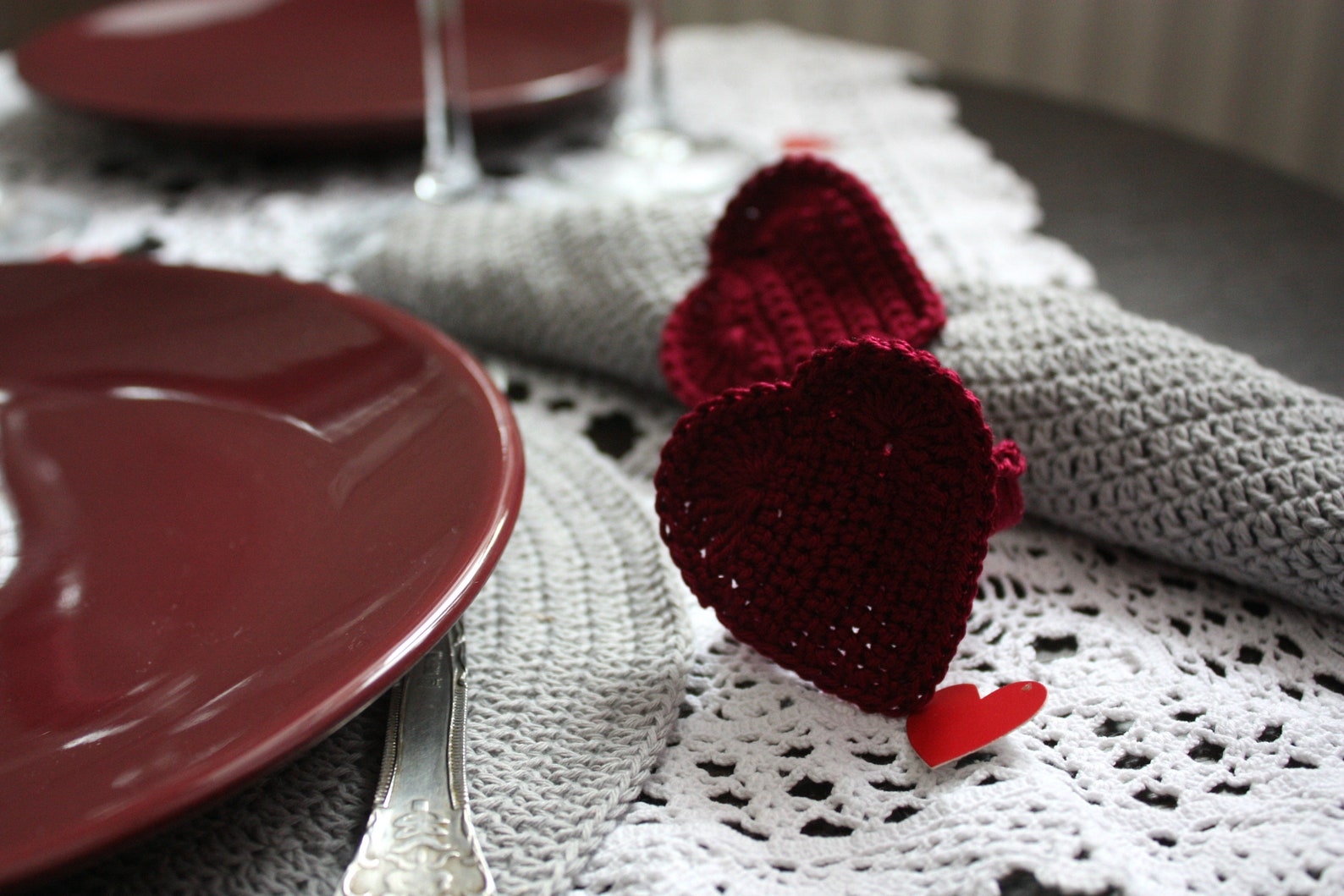 Crochet Heart Napkin Rings, Gray Crochet Napkin, Set of 2, Crocheted ...