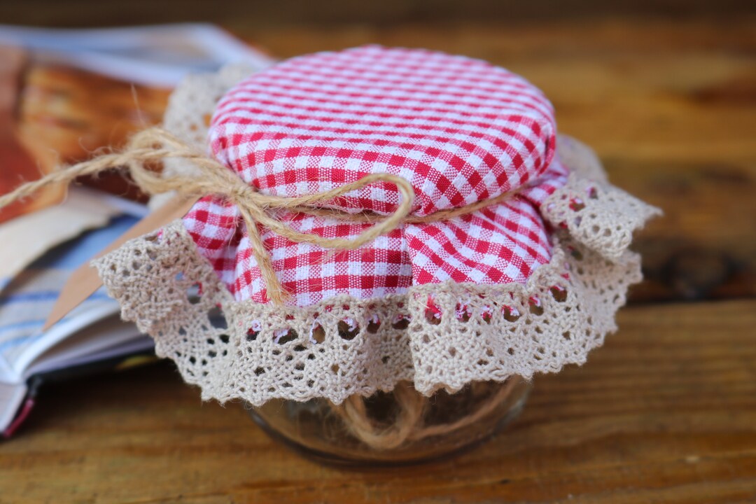 Fabric Lid Cover With Natural Lace, Red Cell Print, Kitchen Storage ...