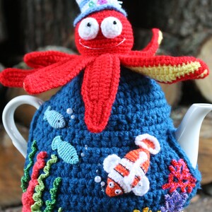 Nautical Tea Cover, Crochet Tea Cozy, Red Octopus, Seaside Tea Warmer ...