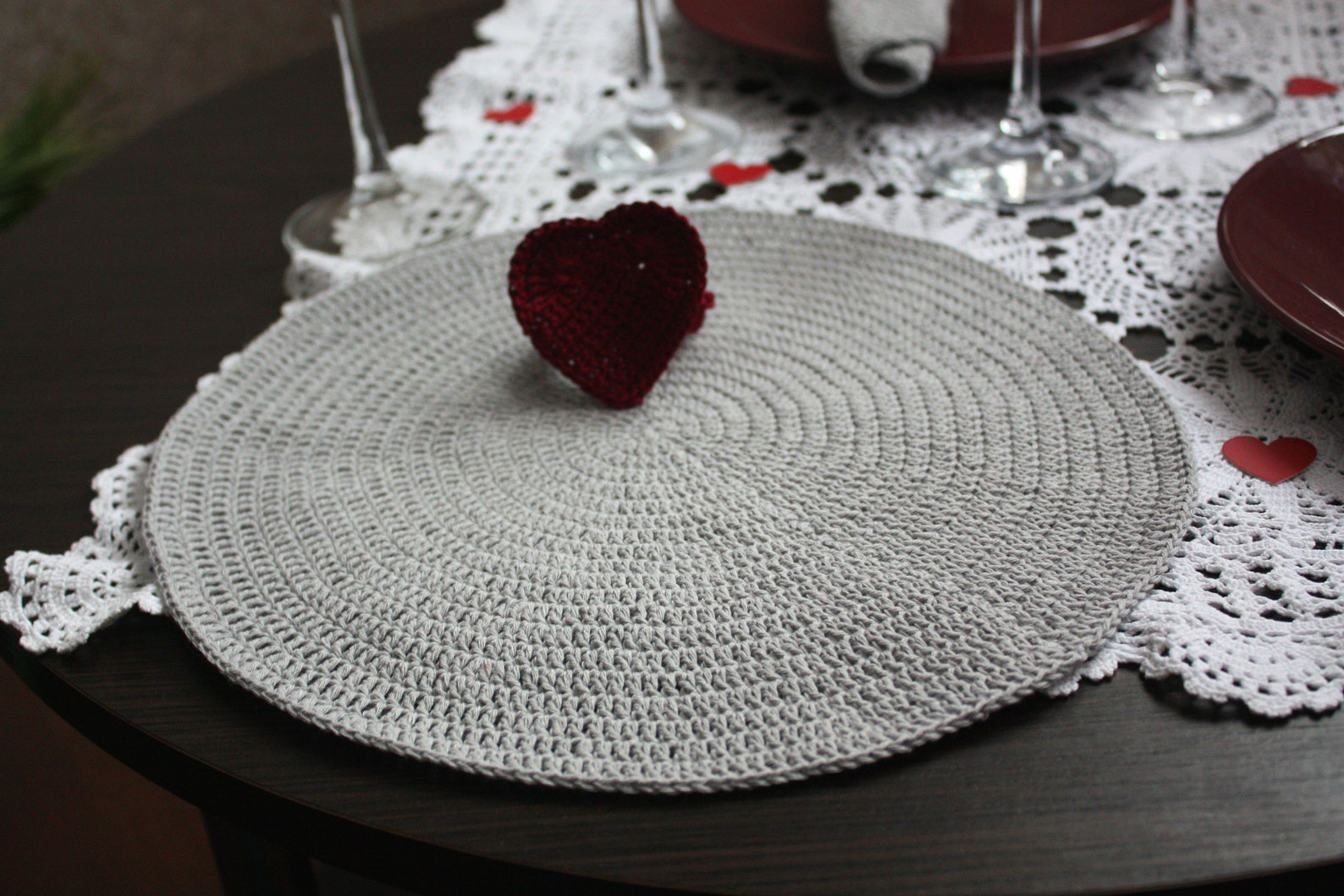 Crochet Heart Napkin Rings, Gray Crochet Napkin, Set of 2, Crocheted ...