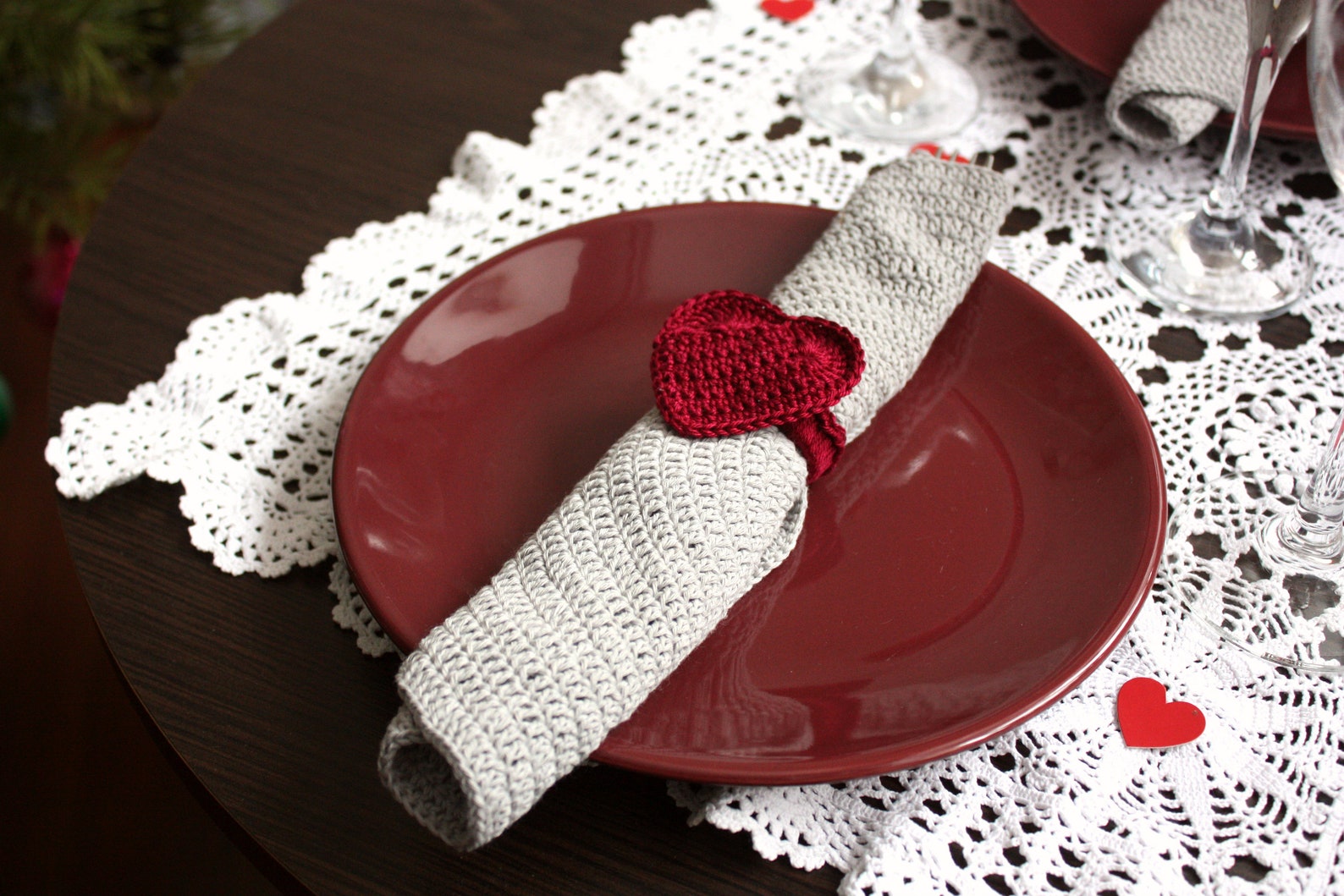 Crochet Heart Napkin Rings, Gray Crochet Napkin, Set of 2, Crocheted ...