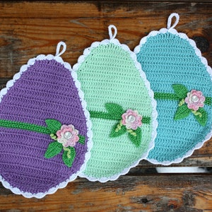 Crochet Pot Holders, Easter Present, Eggs Pot Holders, Set of 3, Wall ...