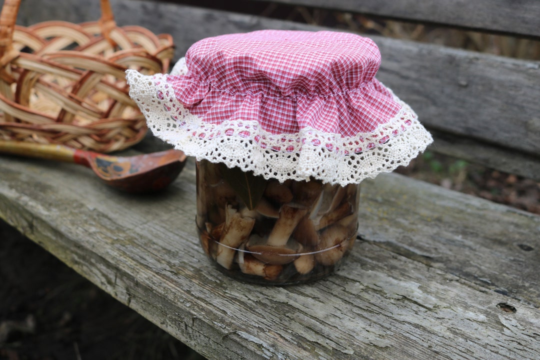 Red Gingham Lid Covers, Fabric Bowl Covers, Am Jar Lid Covers With Lace ...