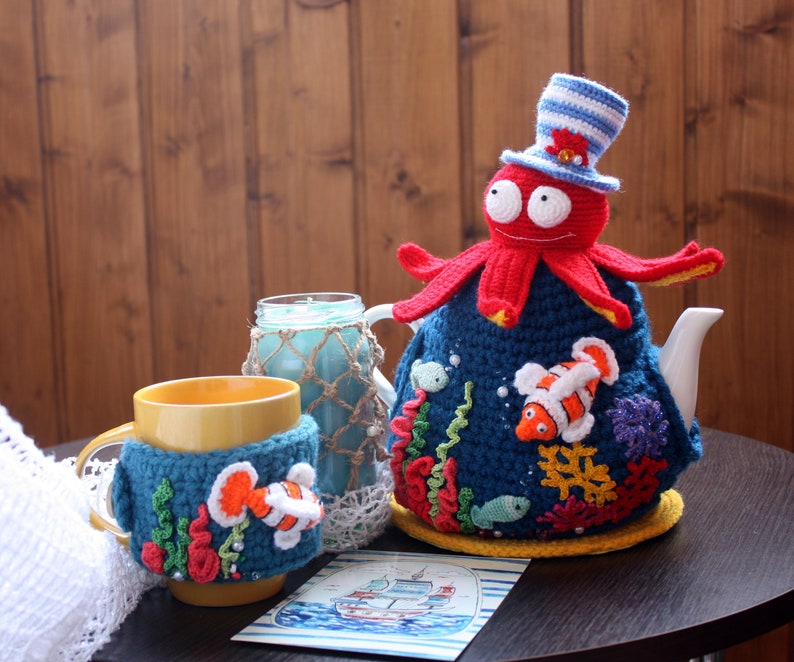 Nautical tea cover Crochet tea cozy red octopus seaside tea | Etsy