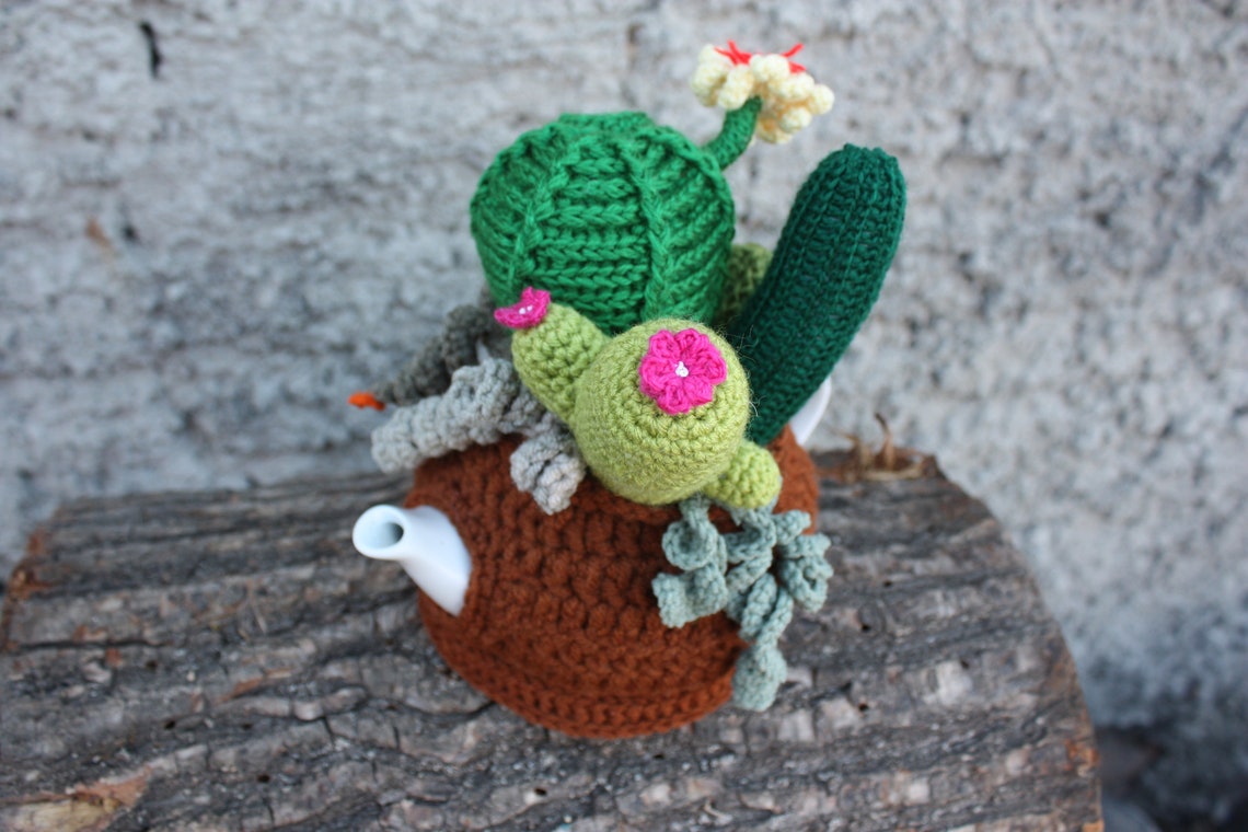 Cactus tea cozy tea cosy with flowers Succulent gift | Etsy
