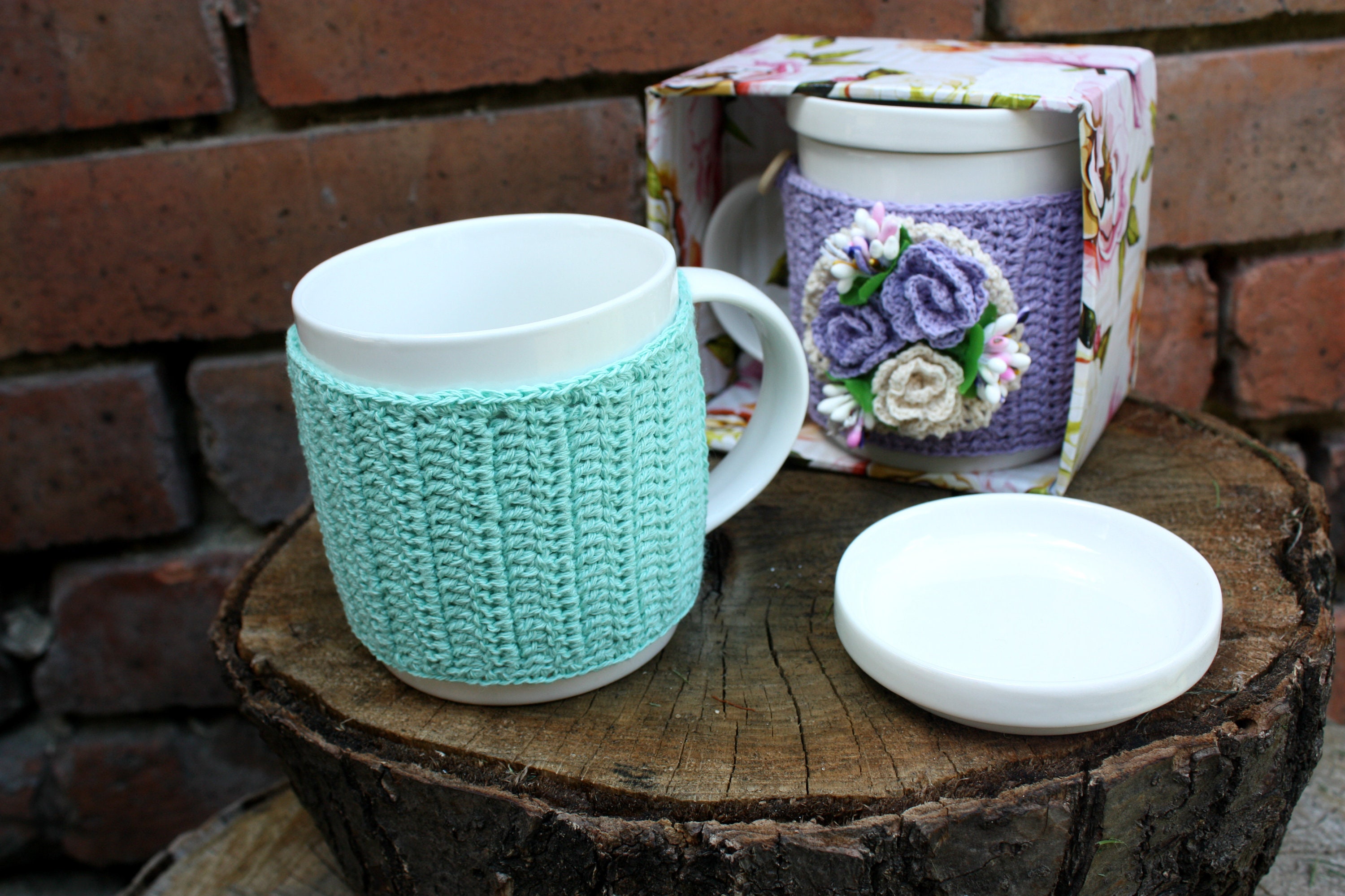 Mug in box crochet mug cosy with porcelain mug small gift | Etsy