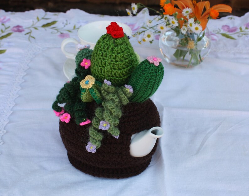 Cactus tea cozy tea cosy with flowers Succulent gift | Etsy