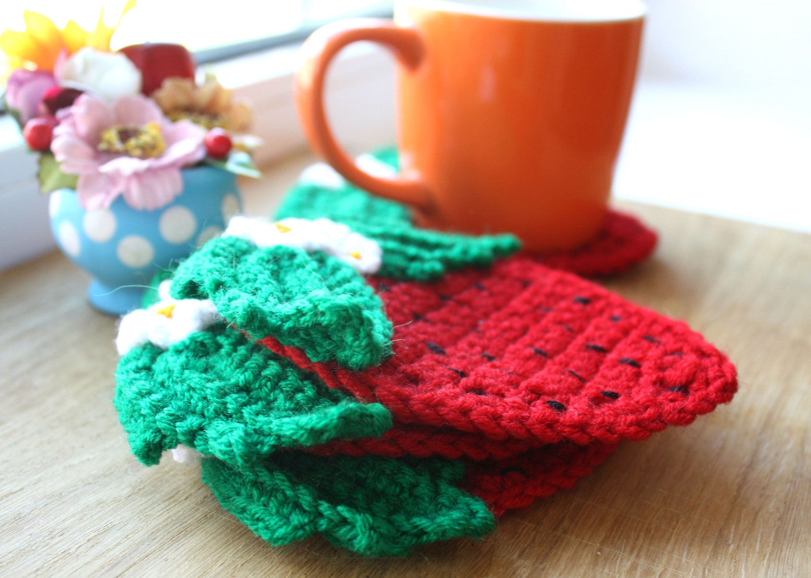 Crochet Strawberry Coasters Set of 4 Drink Coasters | Etsy