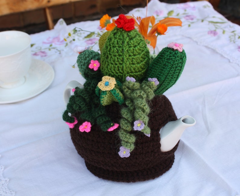 Cactus tea cozy tea cosy with flowers Succulent gift | Etsy