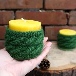 Knit Candle Cozy With Candle, Knitted Candle Holder, Green Candle ...