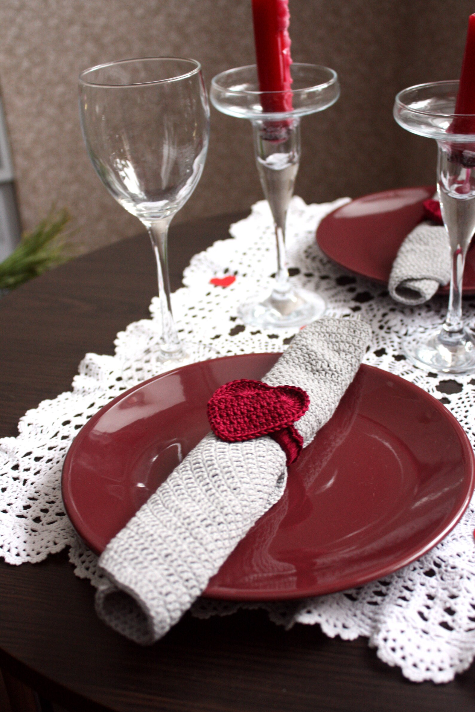 Crochet Heart Napkin Rings, Gray Crochet Napkin, Set of 2, Crocheted ...