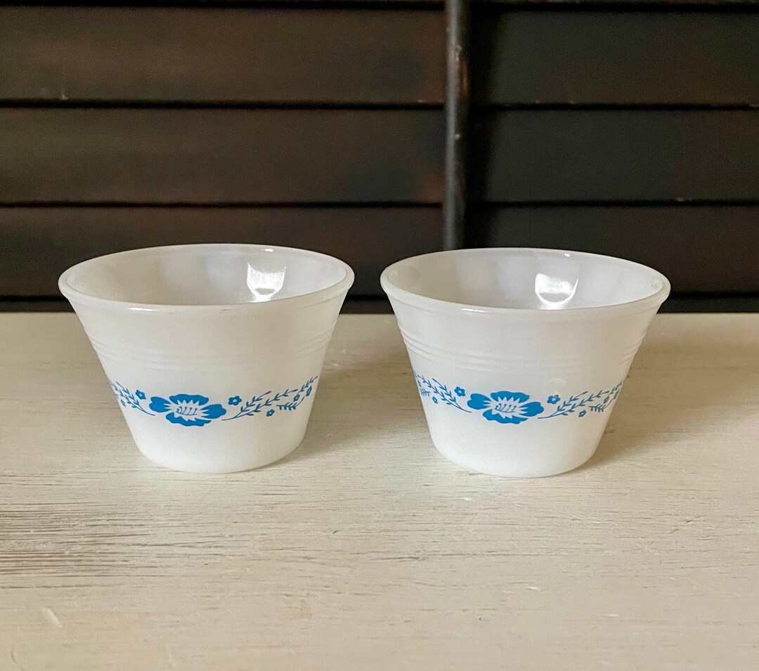 Termocrisa Milk Glass Custard Cups With Blue Floral Design-made in ...