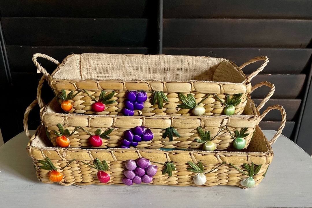 Woven Raffia and Fruit Motif Baskets-nesting Set of 3-vintage Lined ...