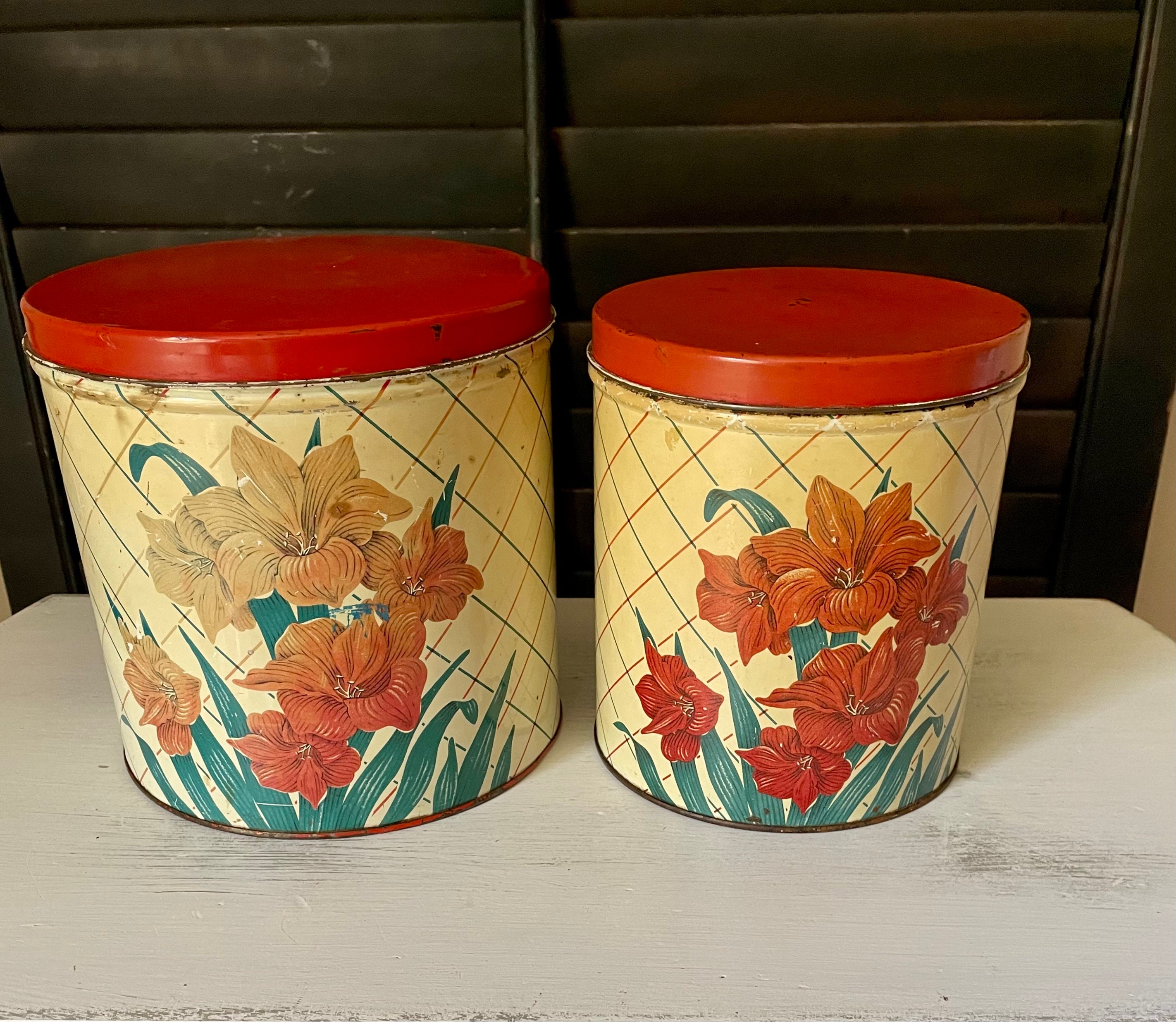 NC Colorware Red Amaryllis Metal Canister Set-vintage Kitchen Storage ...