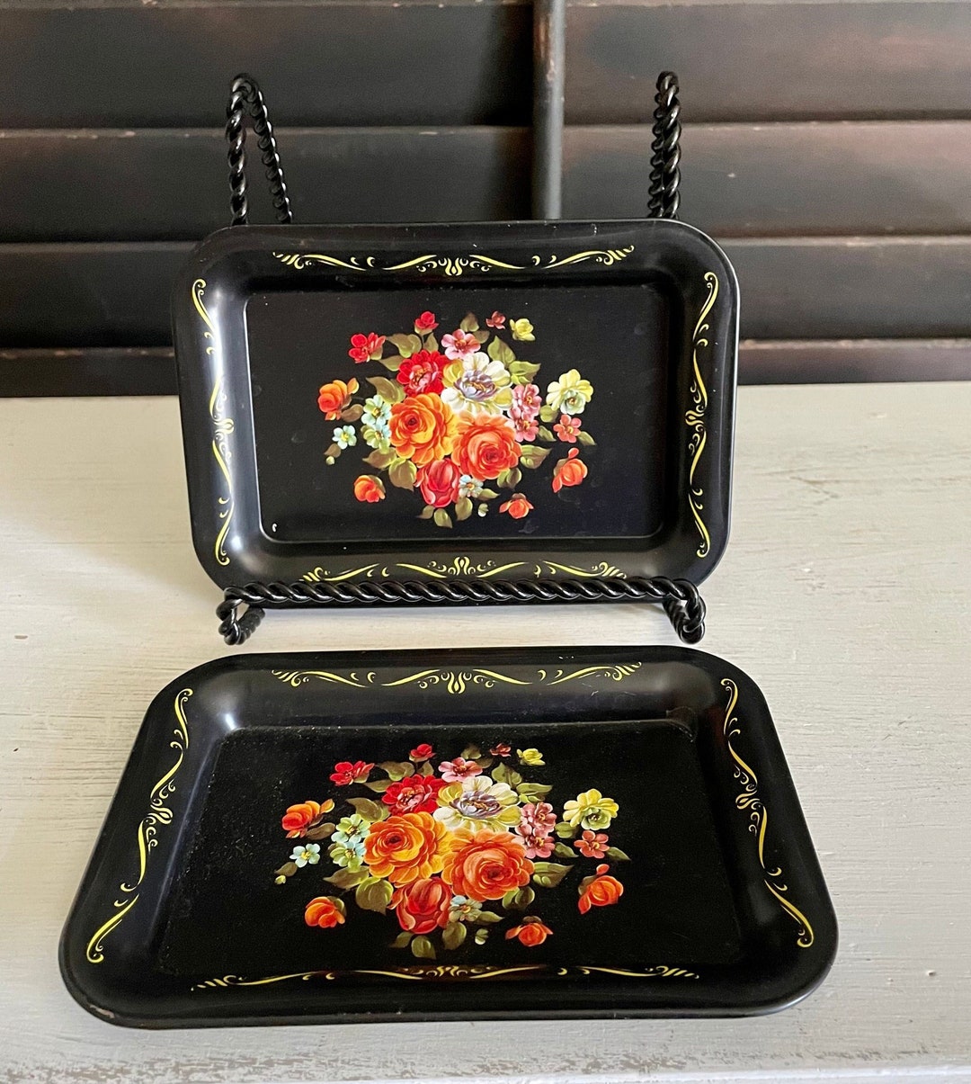 Toleware Metal Black and Floral Mini Trays-vintage Trinket Trays-set of ...