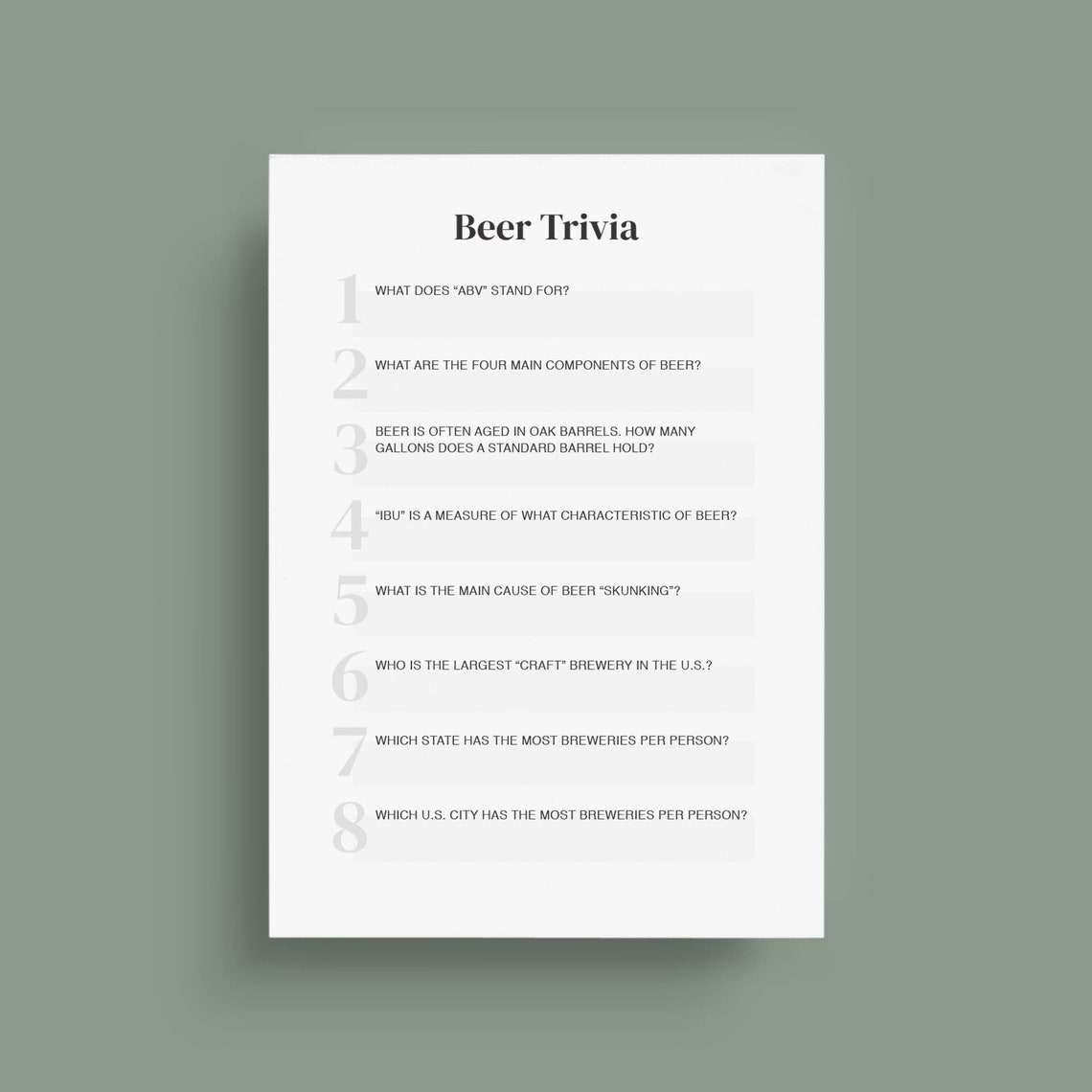 Printable Beer Trivia Game Cards Beer Tasting Party 5x7 Instant ...