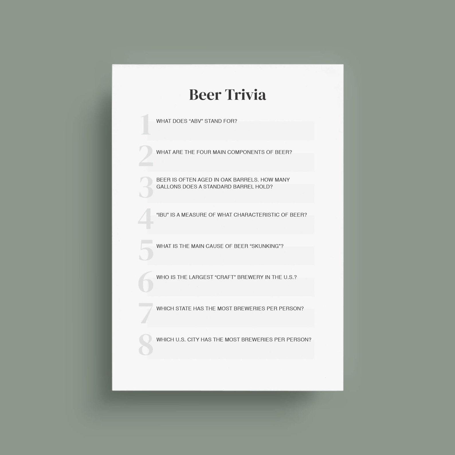 Printable Beer Trivia Game Cards Beer Tasting Party 5x7 Instant ...