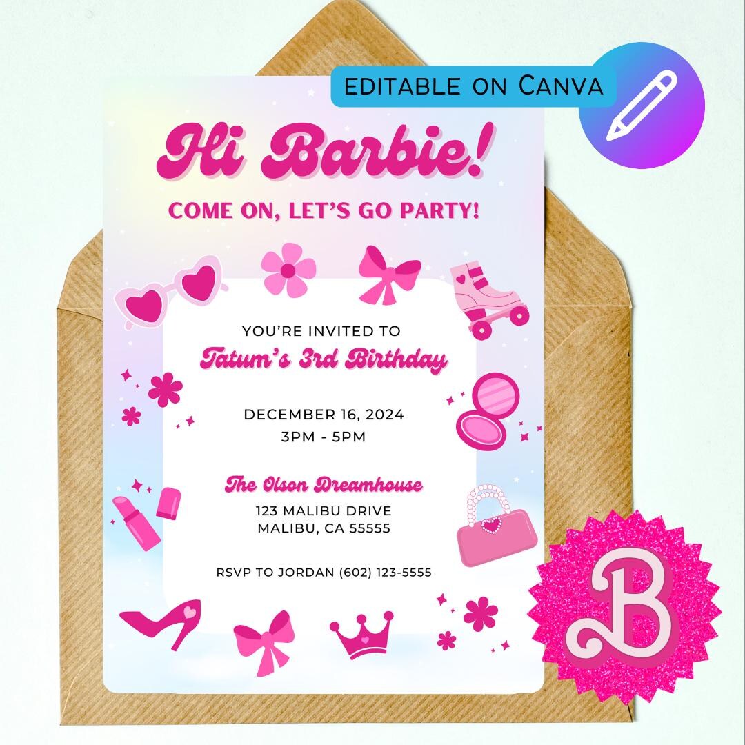 Custom Barbie Birthday Party Invite Digital Download Hi Barbie Let's Go ...