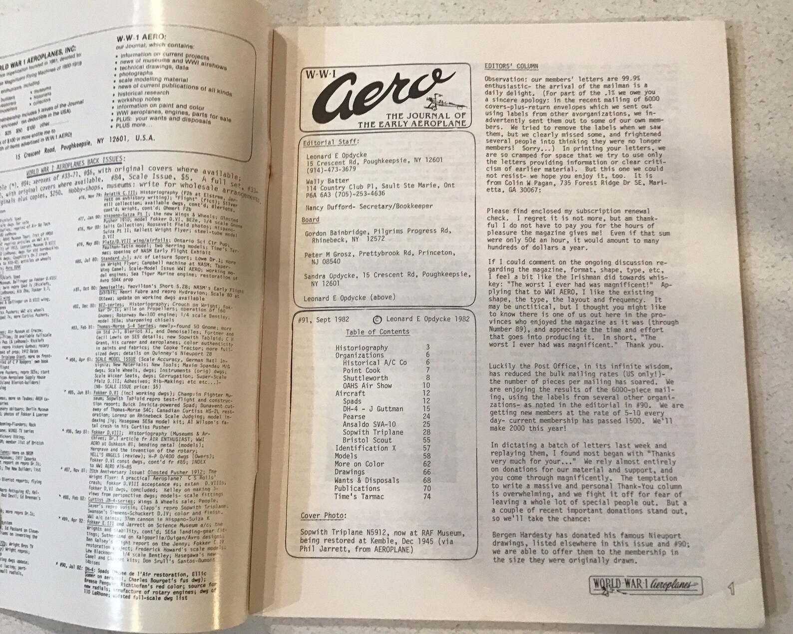 WWI Aero - Journal of the Early Aeroplane Sept 1982 Issue #91, Vintage ...