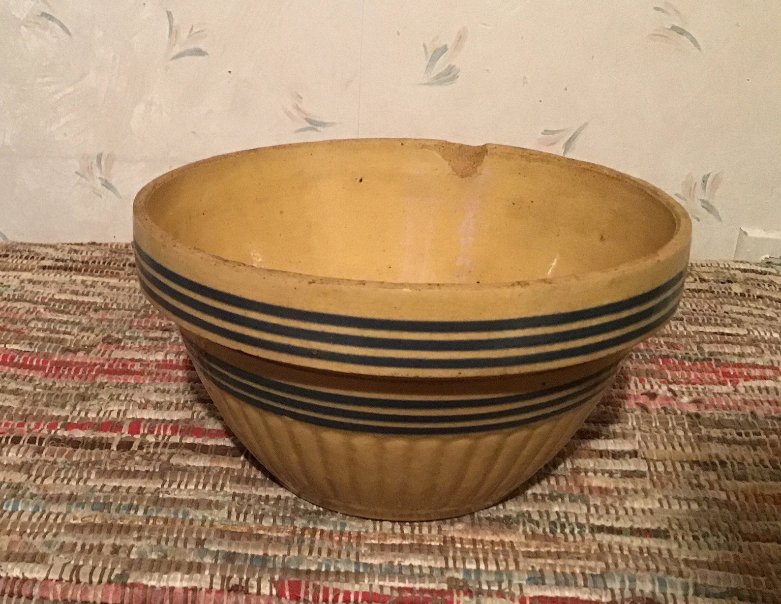 Antique Yellow Ware Crockery Mixing Bowl 6 blue Bands as is | Etsy