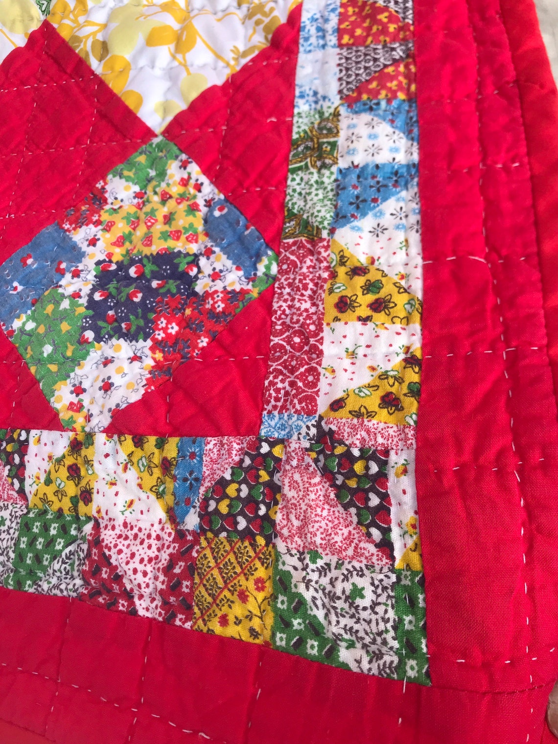Red patchwork quilt hand quilted multicolor vintage fabrics | Etsy