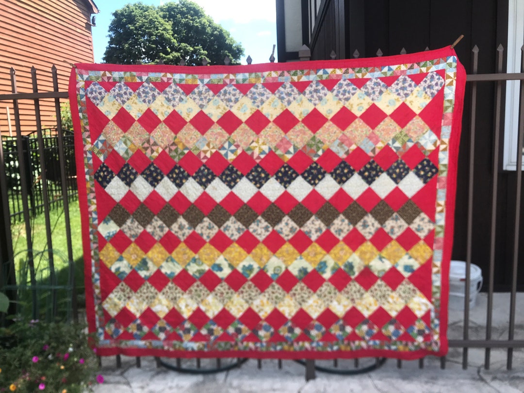 Red Patchwork Quilt Hand Quilted Multicolor Vintage Fabrics Sewn Large ...