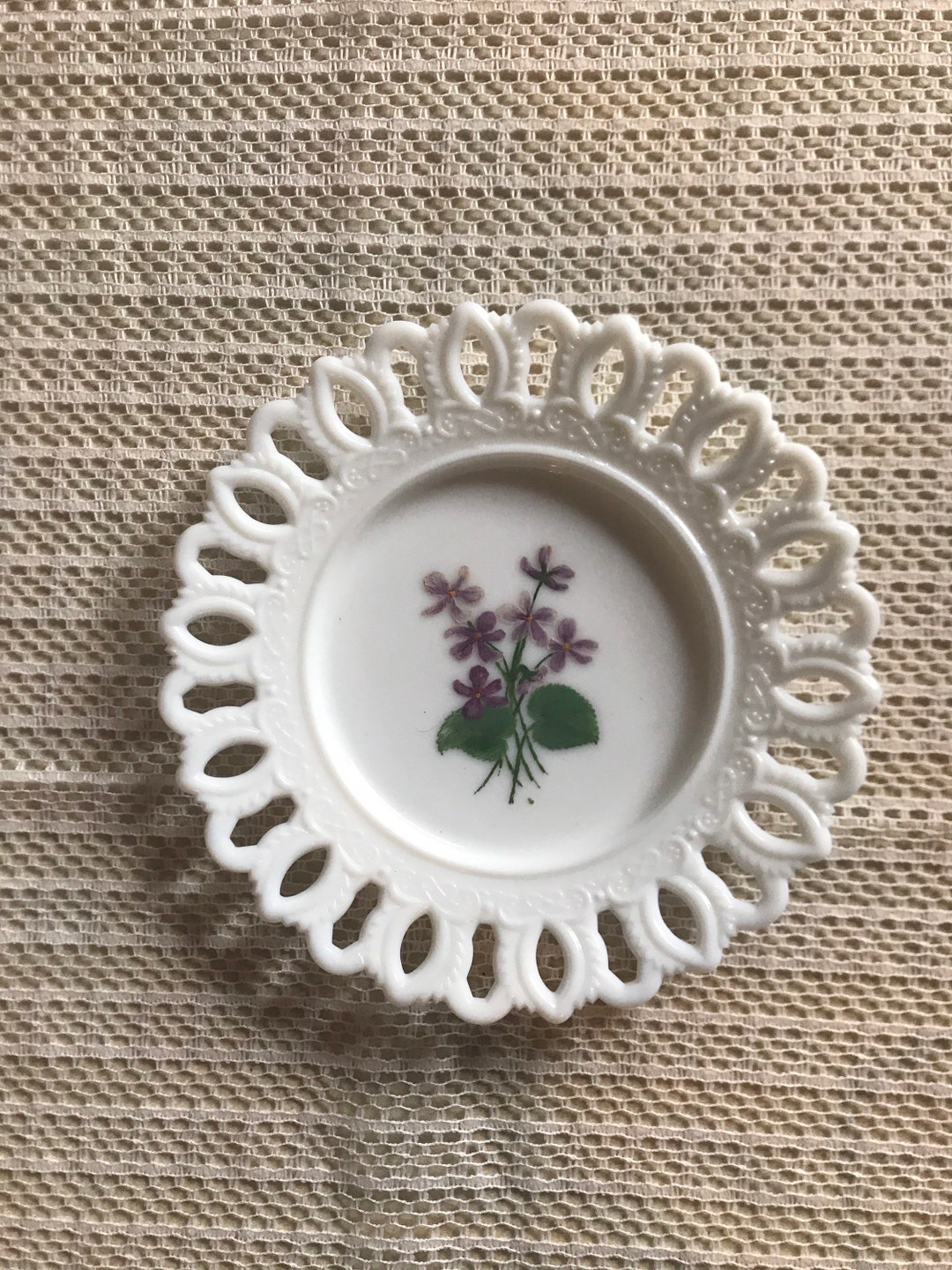 Hand Painted Milk Glass Plate Violet Flowers Vintage Collectible, White ...