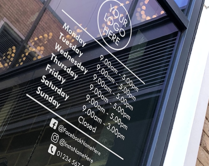 Shop Window Vinyl Decal With Logo, Business Opening Hours Sticker, Cafe ...