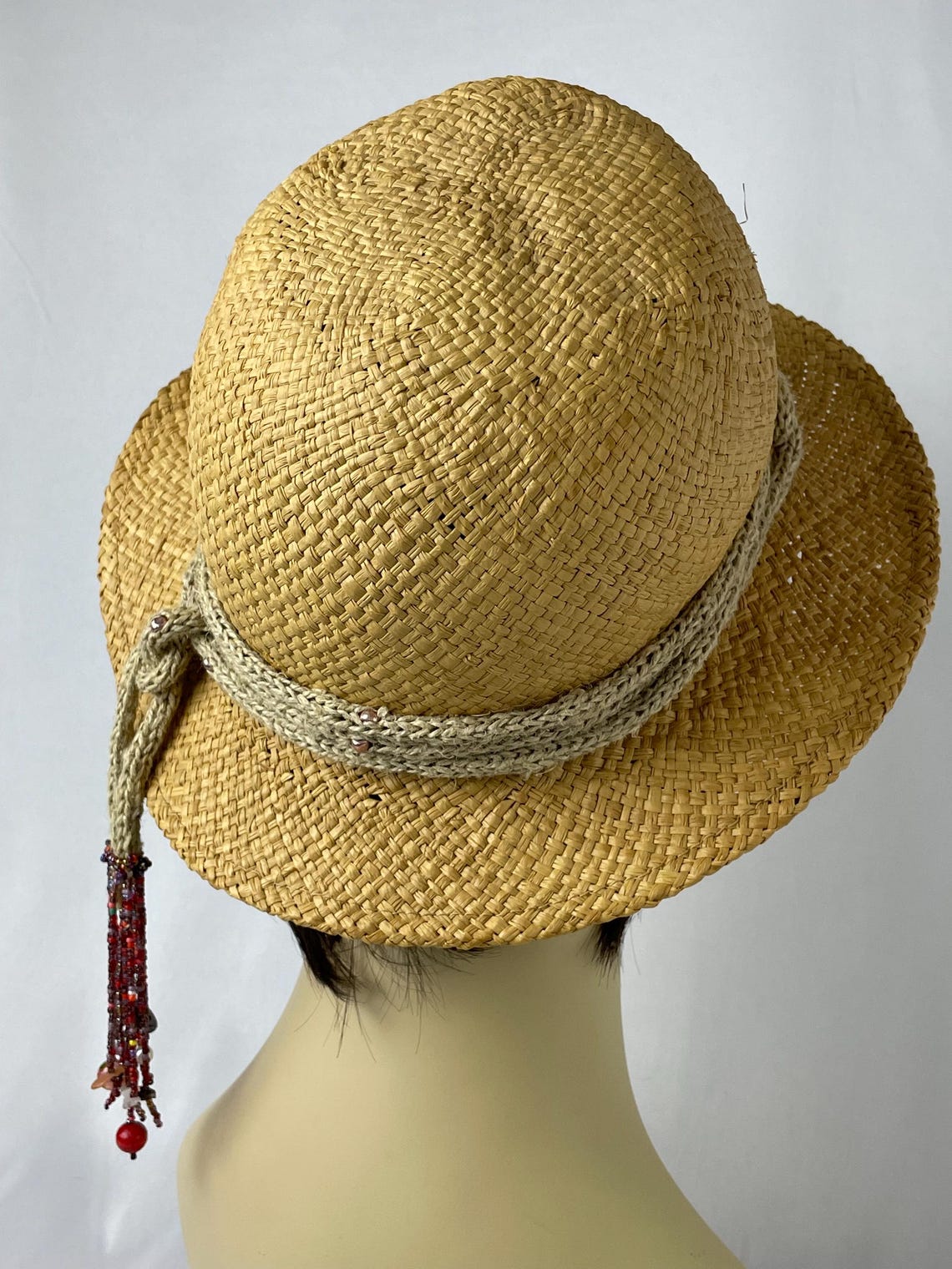 Hat Vintage Straw Hand Knit and Beaded Trim Added One of a Kind - Etsy