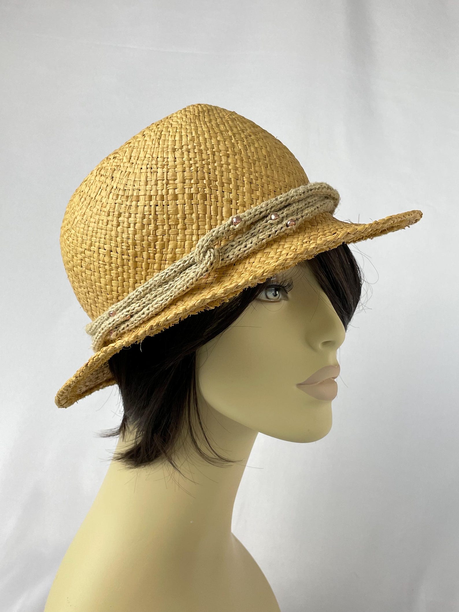 Hat Vintage Straw Hand Knit and Beaded Trim Added One of a Kind - Etsy