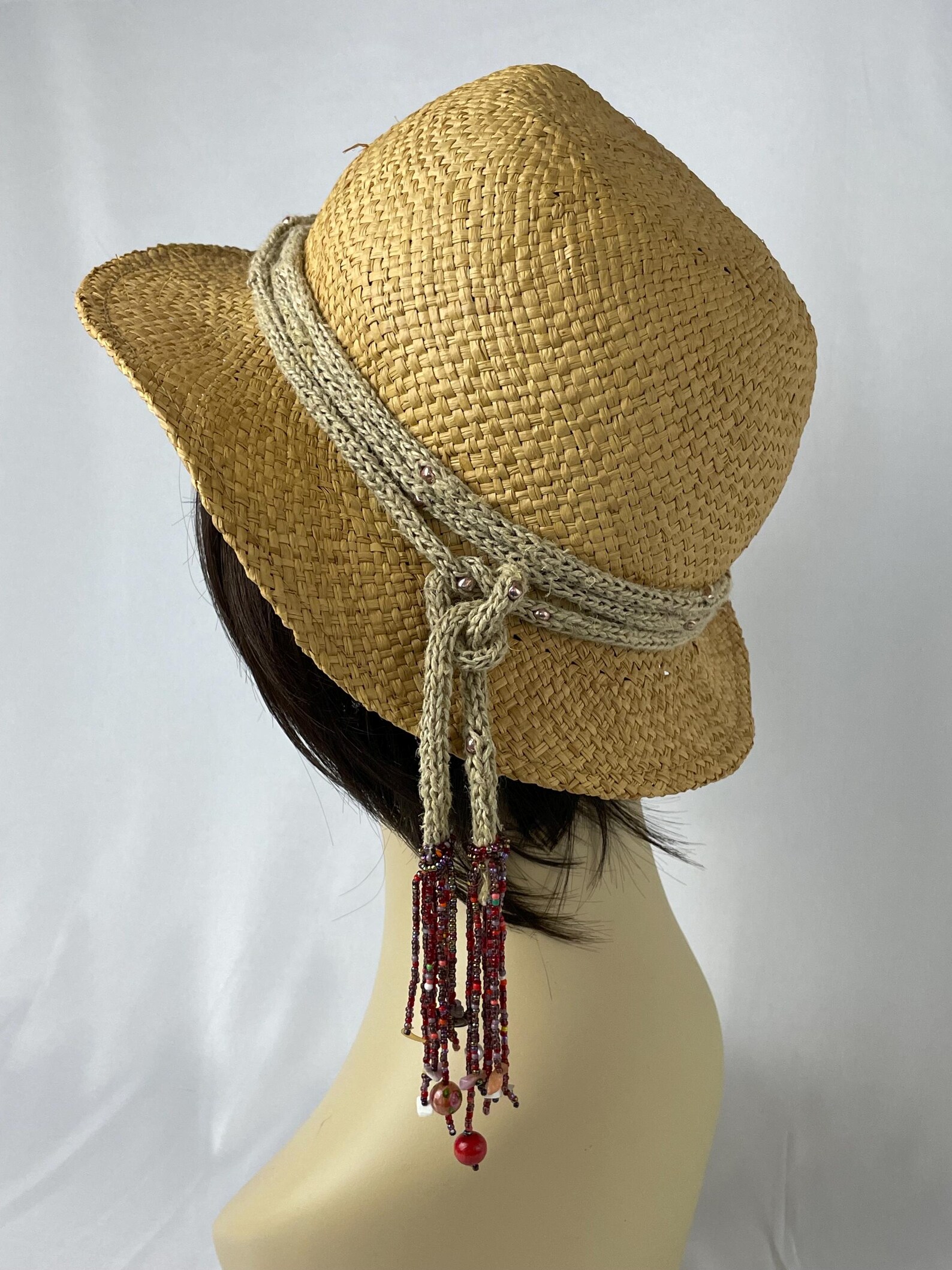 Hat Vintage Straw Hand Knit and Beaded Trim Added One of a Kind - Etsy