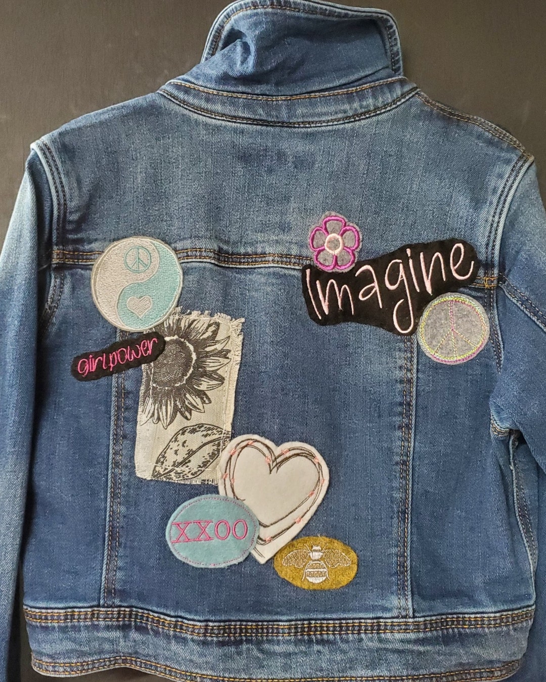 Denim Jacket Featuring Patches of Hearts, Love, Peace, Imagine - Etsy