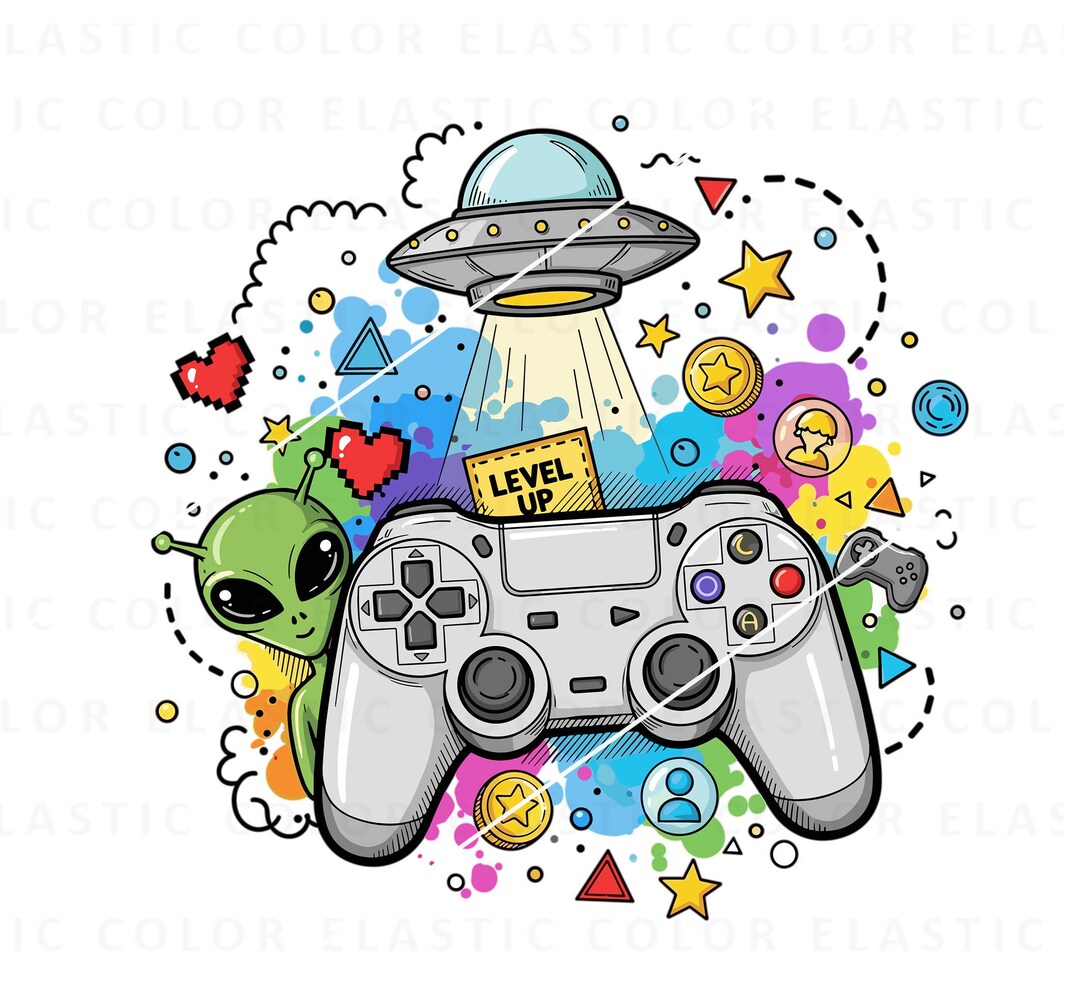 Game Controller With Ufo and Alien PNG | Gamer Design | Level up Video ...