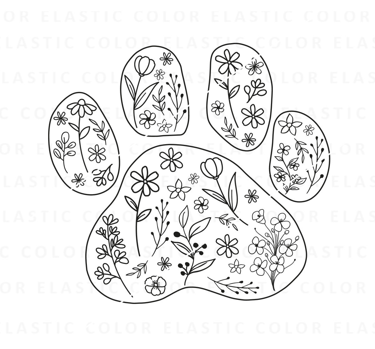 Floral Dog Paw Svg- Dog Paw Outline Filled With Wild Flowers, Flower ...
