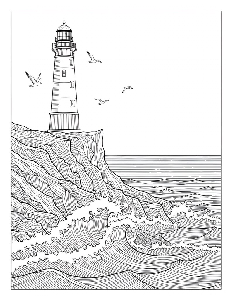 Lighthouse Seascape Coloring Page, Nautical Zen Art (PNG Digital ...