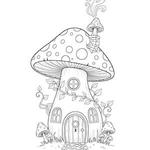 Mushroom House Coloring Page | Whimsical Fairy Cottage Print (instant ...