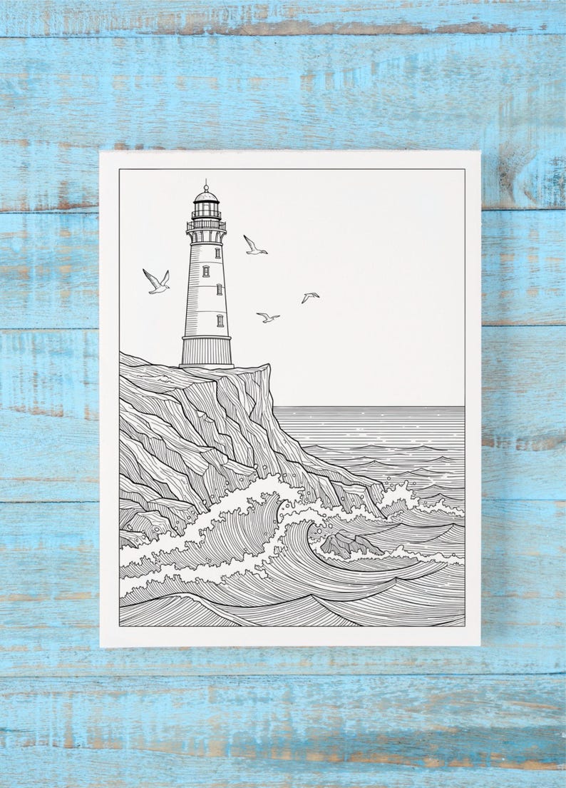 Lighthouse Seascape Coloring Page, Nautical Zen Art (PNG Digital ...