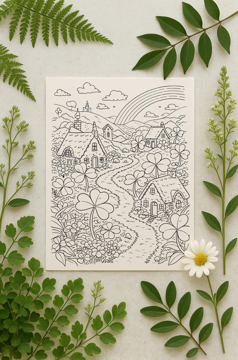 Lucky Clover Village Coloring Page – Whimsical Cottagecore Landscape ...