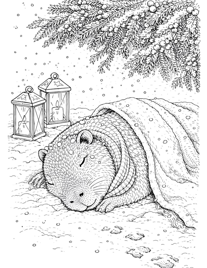 Sleeping Winter Capybara Coloring Page, Cozy Animal Under Blanket ...