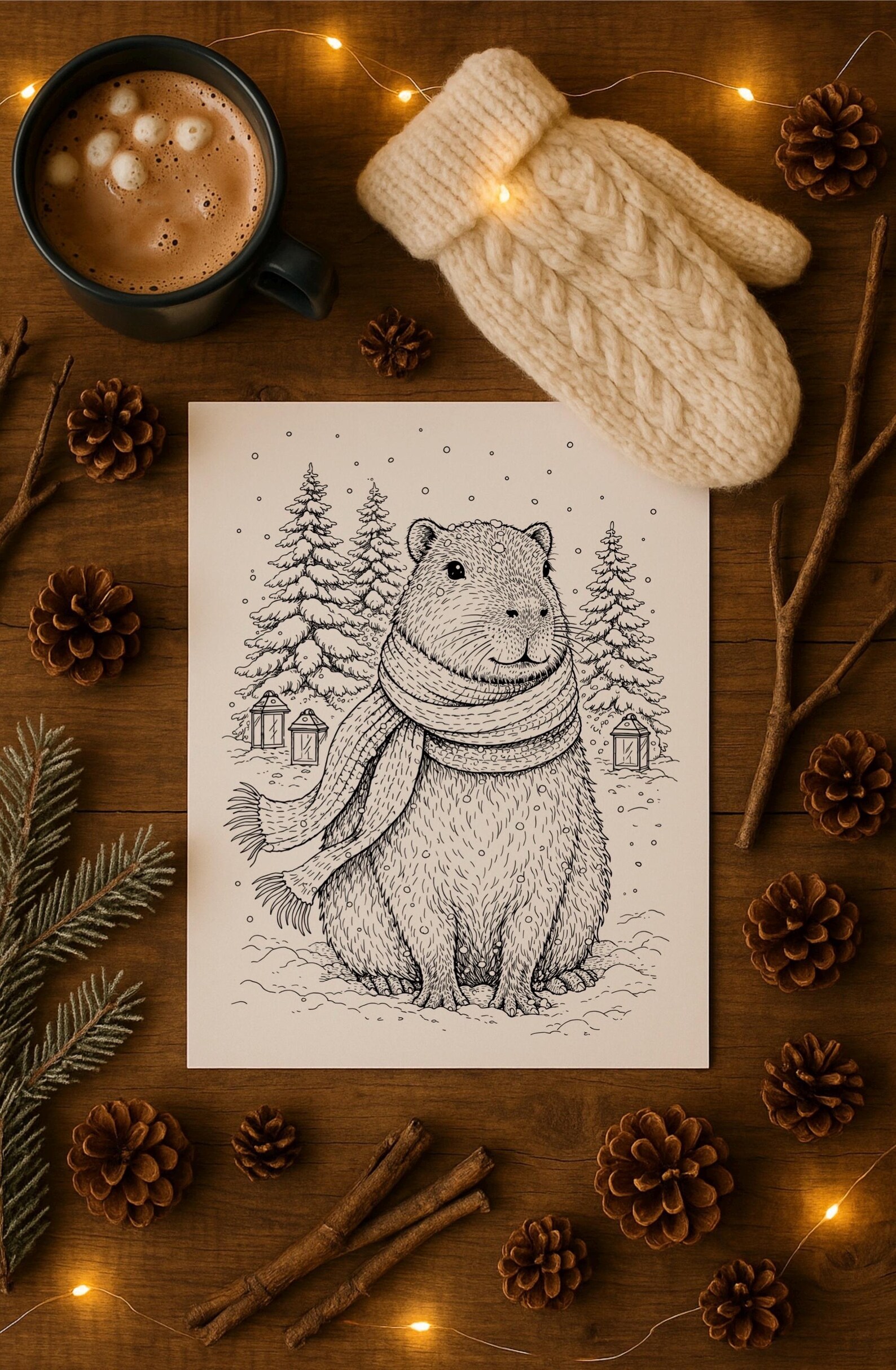 Winter Capybara Coloring Page, Snowy Forest Scene (PNG Download) - Etsy