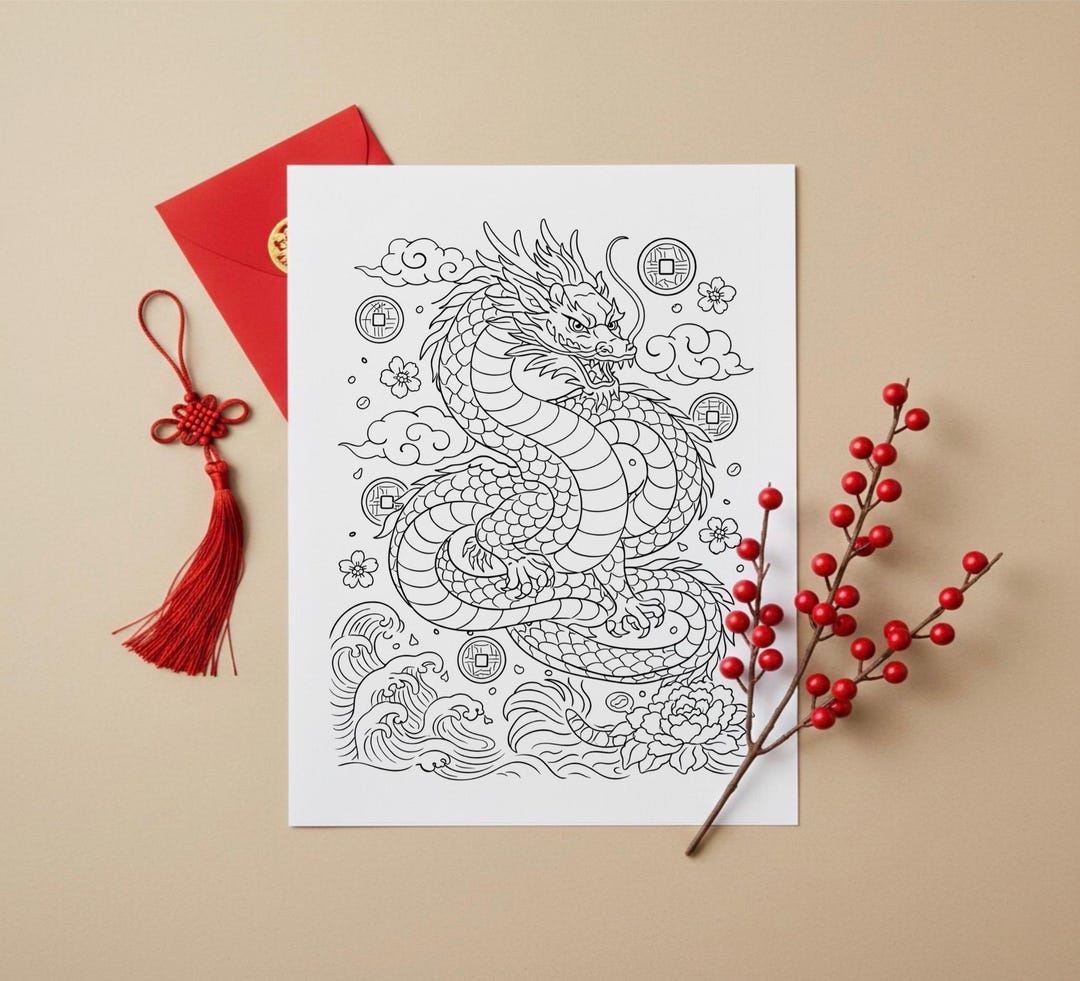 Chinese Dragon Coloring Page – Mythical Asian Art (PNG Download) - Etsy