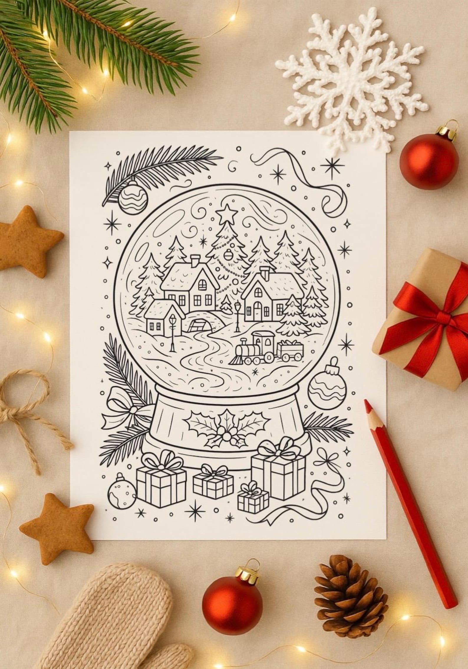 Christmas Snow Globe Coloring Page – Cozy Winter Village (PNG Download ...