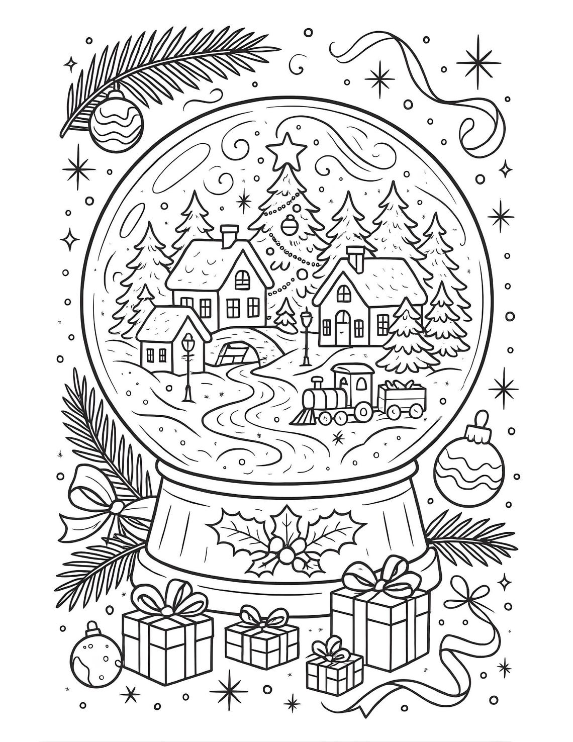 Christmas Snow Globe Coloring Page – Cozy Winter Village (PNG Download ...