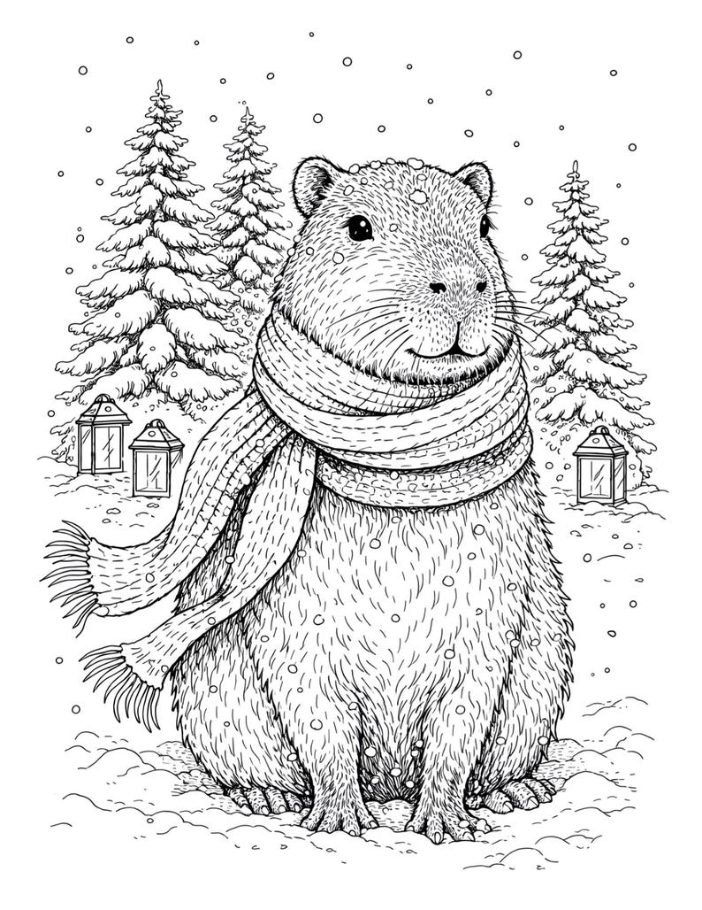 Winter Capybara Coloring Page, Snowy Forest Scene (PNG Download) - Etsy