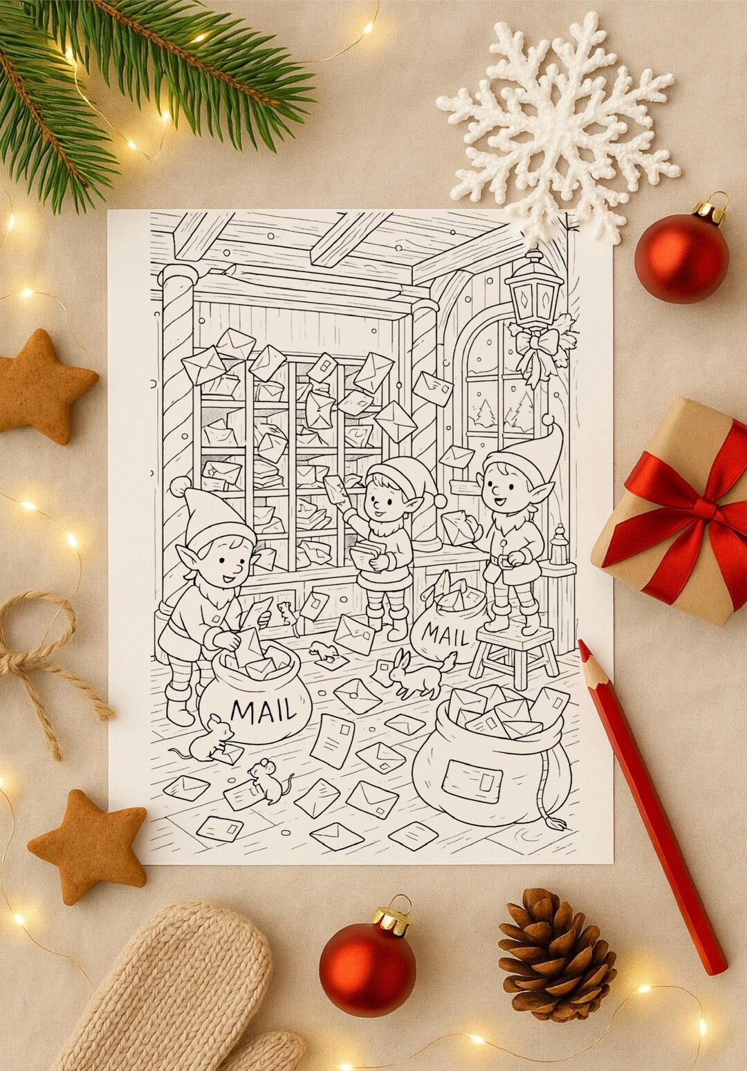 Printable Holiday Elf Workshop Coloring Sheet | Cozy Winter Fantasy ...