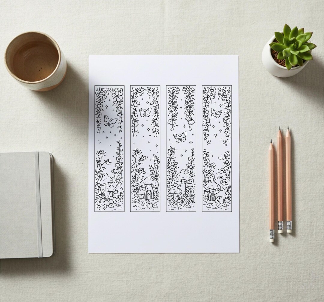 Mushroom Butterfly Coloring Bookmarks, Botanical Garden DIY (PNG ...